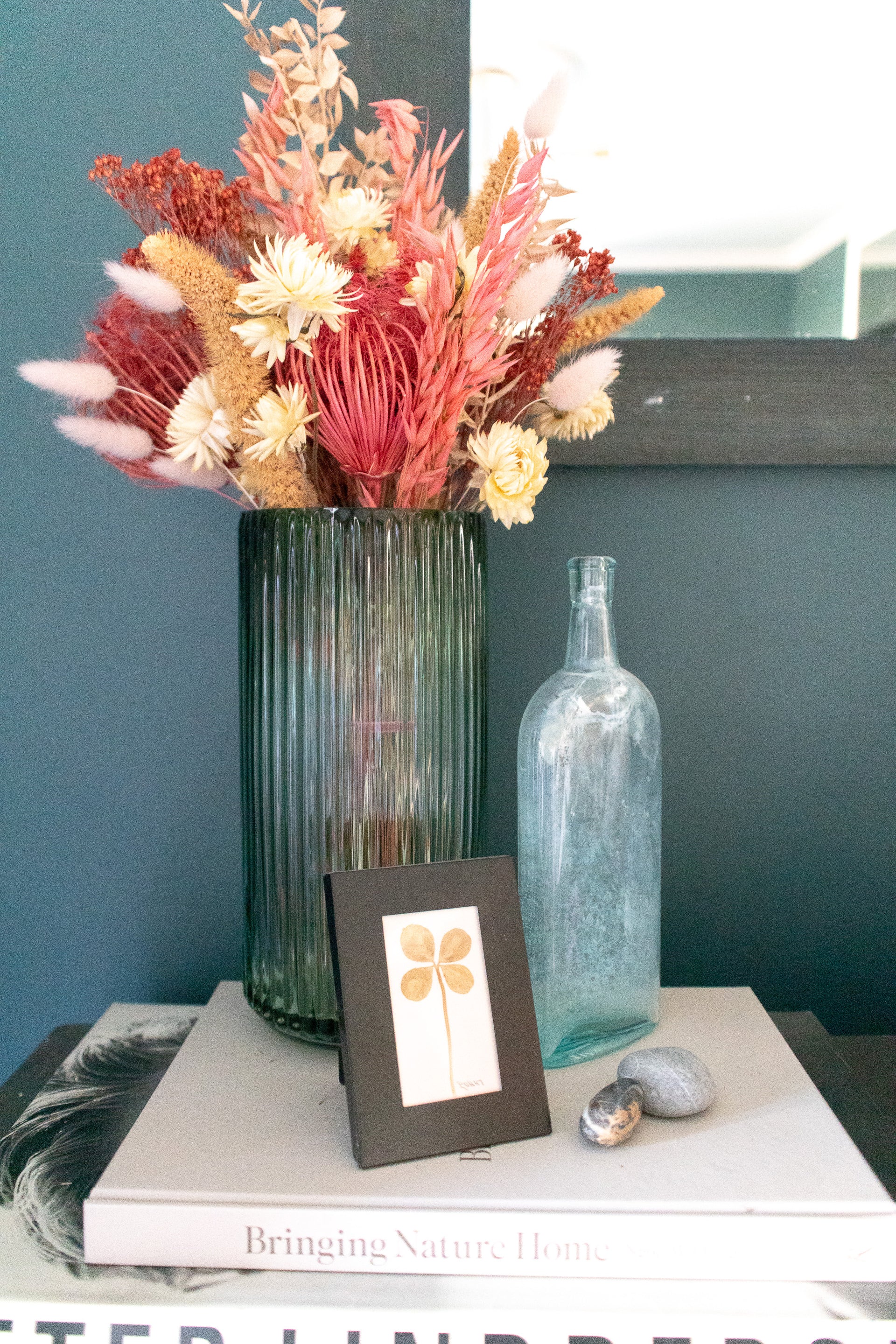 Large Dried Flower Arrangement in A Colorful Glass Vase - Gather Goods Co.