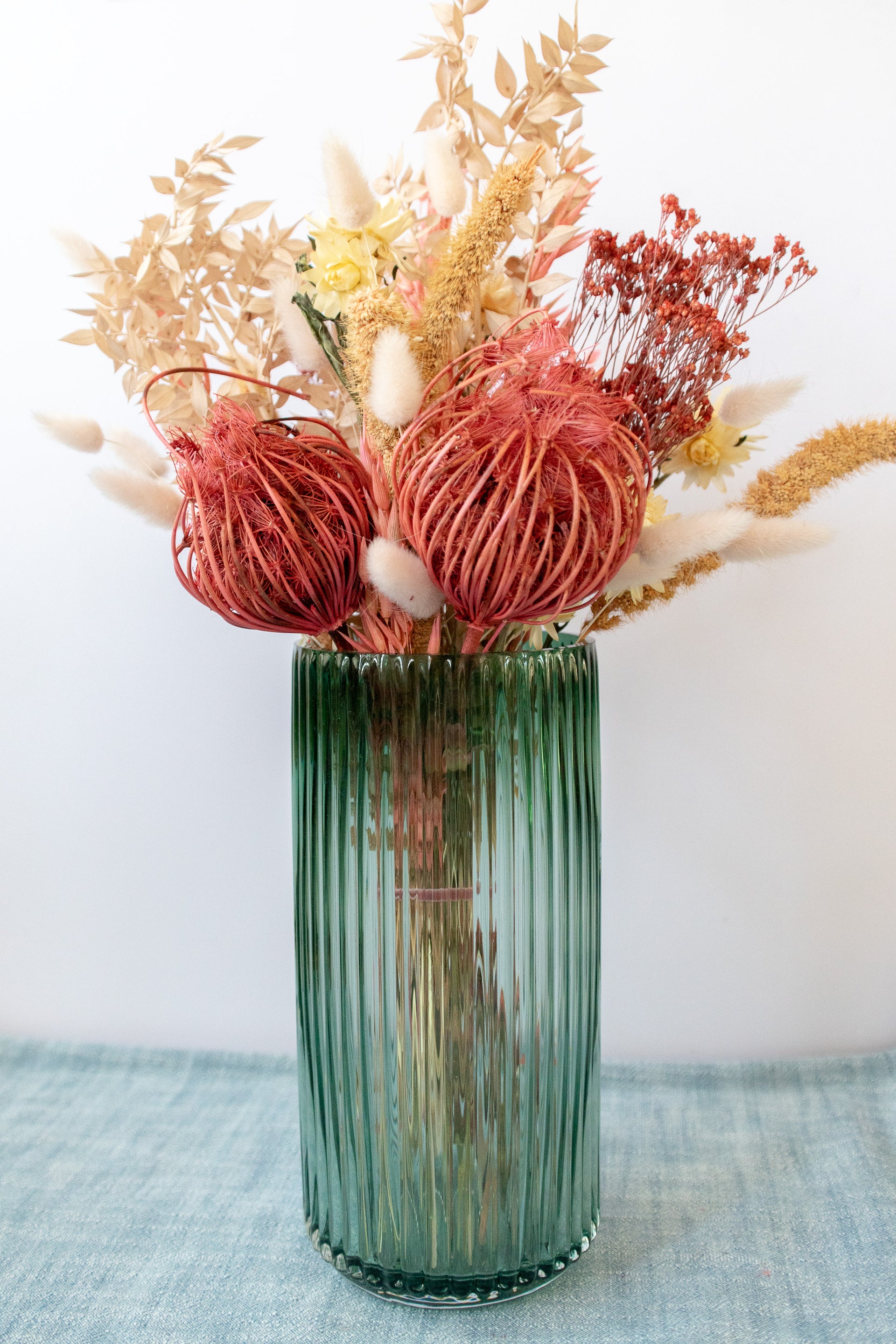Large Dried Flower Arrangement in A Colorful Glass Vase - Gather Goods Co.