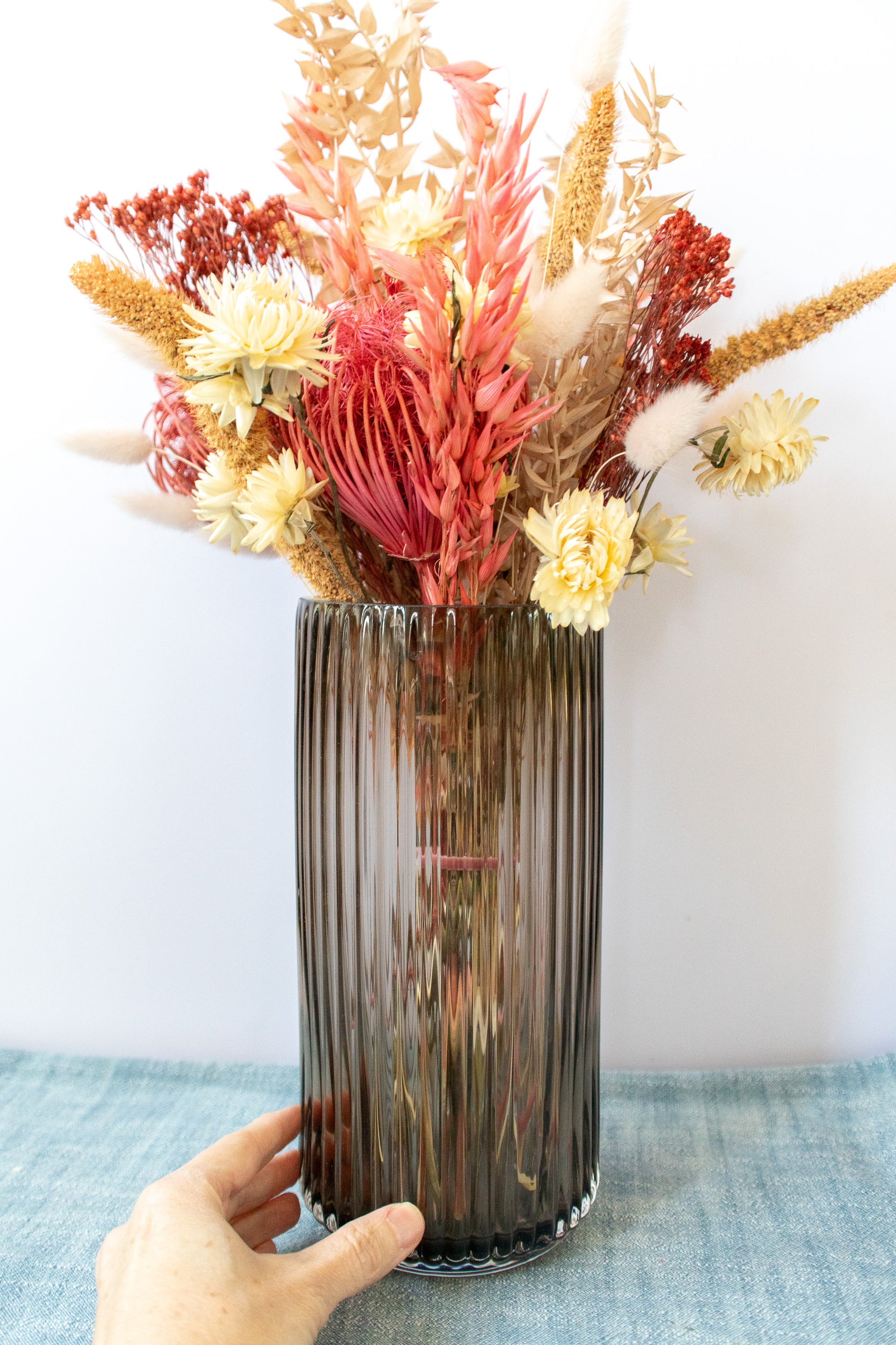 Large Dried Flower Arrangement in A Colorful Glass Vase - Gather Goods Co.