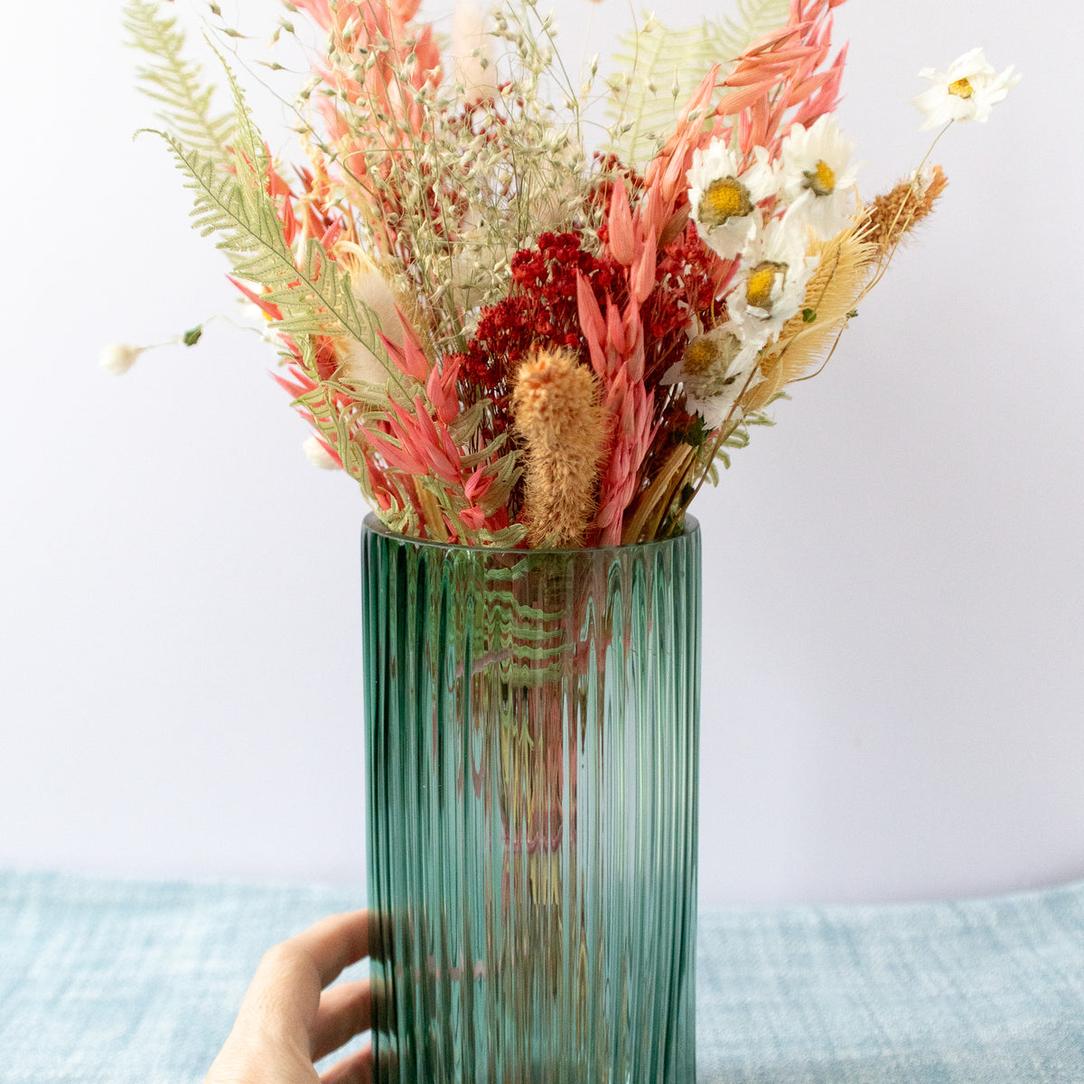 Medium Dried Flower Arrangement in A Colorful Glass Vase – Gather Goods Co.